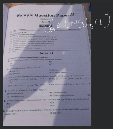 Sample Question Paper 2 Chemistry Class Xii Solved Nime Allowedi 3 Hours