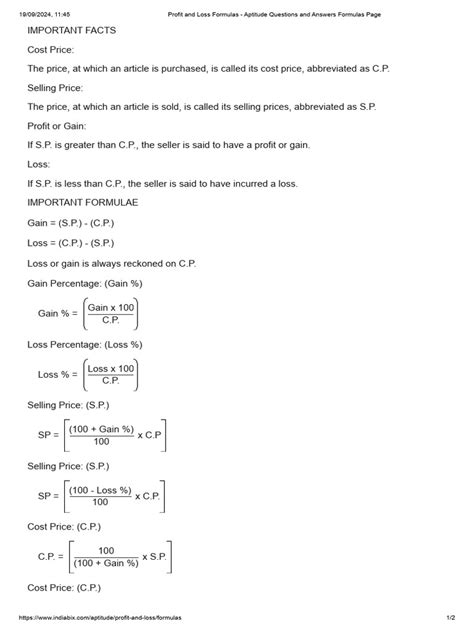 Profit And Loss Formulas Pdf Prices Sales