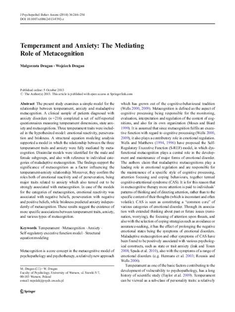 Pdf Temperament And Anxiety The Mediating Role Of Metacognition