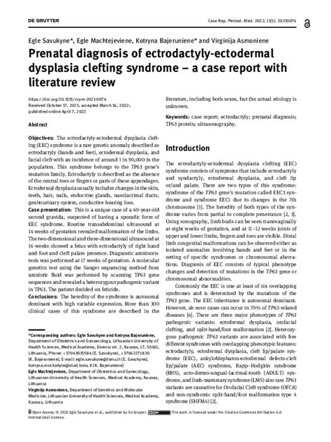 Pdf Prenatal Diagnosis Of Ectrodactyly Ectodermal Dysplasia Clefting Syndrome ‒ A Case Report