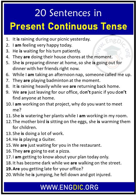 20 Examples Of Present Continuous Tense Sentences Engdic