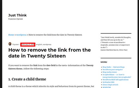 how to remove the link from the date in the twenty sixteen wordpress