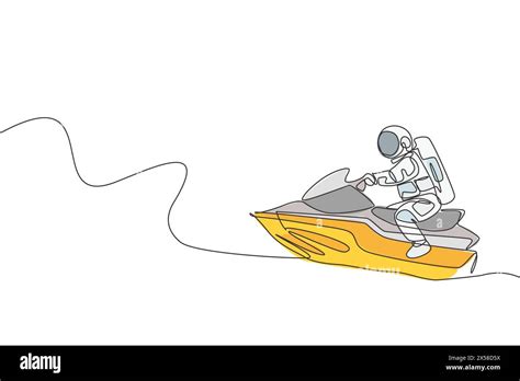 Single Continuous Line Drawing Of Astronaut Exercise Jetski On Moon