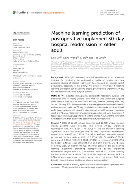Pdf Machine Learning Prediction Of Postoperative Unplanned 30 Day Hospital Readmission In