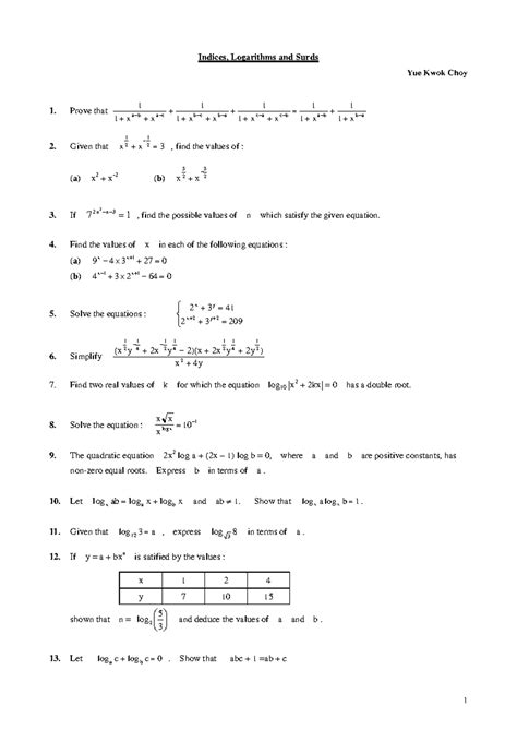Indices Logarithms Surds Questions Indices Logarithms And Surds Yue Kwok Choy 1 Prove That