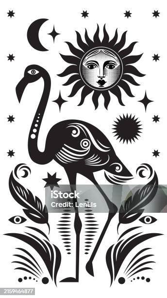 벡터 흑인과 백인 그림 의 조류 플라밍고 와 요소 와 신화 주제 0명에 대한 스톡 벡터 아트 및 기타 이미지 0명 고풍스런 드로잉 Istock