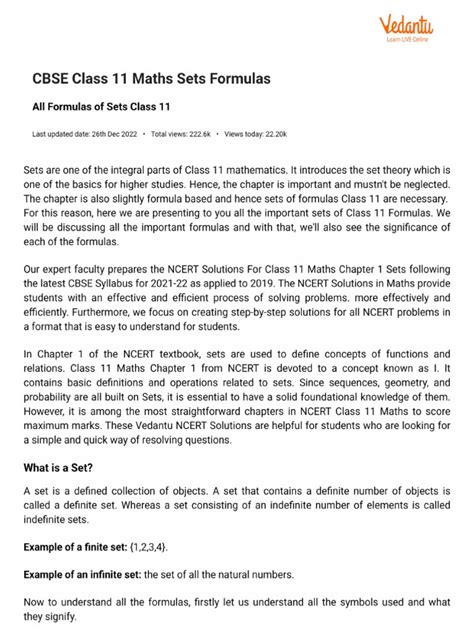 Cbse Class 11 Maths Sets Formulas Pdf