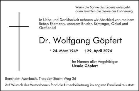 Traueranzeigen Von Wolfgang Göpfert Trauerportal Ihrer Tageszeitung