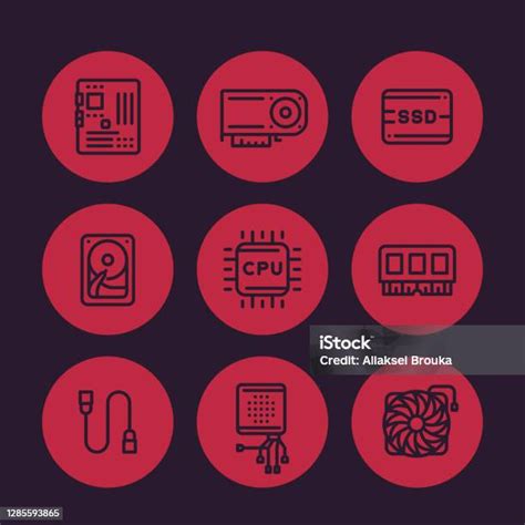 컴퓨터 구성 요소 라인 아이콘 세트 프로세서 마더 보드 메모리 비디오 카드 Hdd Ssd 쿨러 전원 공급 장치 0명에 대한 스톡