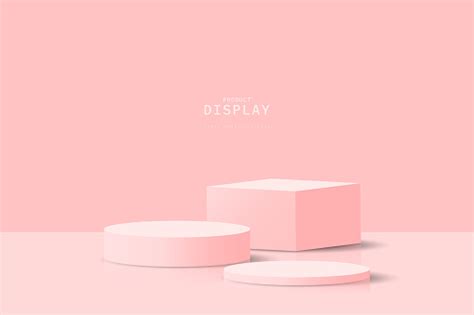 사실적인 분홍색 3d 실린더 연단과 큐브 또는 제품 스탠드가 있는 깨끗한 3d 룸 3d 벡터 렌더링 제품 프레젠테이션 연단 광고 제품을 위한 디자인 0명에 대한 스톡 벡터