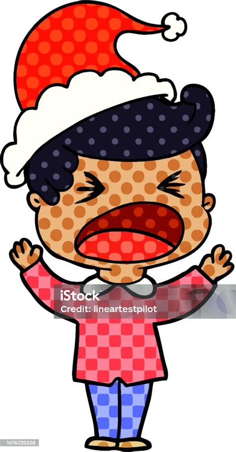 산타 모자를 쓰고 외치는 남자의 손으로 그린 만화책 스타일의 그림 귀여운에 대한 스톡 벡터 아트 및 기타 이미지 귀여운