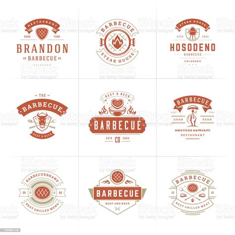 그릴 과 바베큐 로고 세트 벡터 일러스트 스테이크 하우스 또는 레스토랑 메뉴 배지 와 바베큐 음식 실루엣 바베큐그릴에 대한 스톡 벡터 아트 및 기타 이미지 Istock