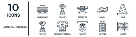 미식 축구 개요 아이콘 세트에는 얇은 선 응급 처치 키트 들것 원뿔 미식 축구 Vip 패스 사물함 보고서 프리젠 테이션 다이어그램 웹 디자인을위한 트로피 아이콘이 포함됩니다