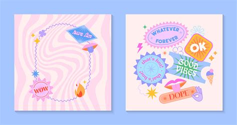 90 년대 스타일의 패치와 스티커가있는 귀여운 재미있는 템플릿의 벡터 세트 강렬하고 밝은 색상에 대한 스톡 벡터 아트 및 기타