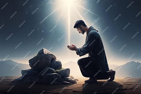Un Hombre Arrodillado Y Orando Por Dios Camino De Conexión Espiritual
