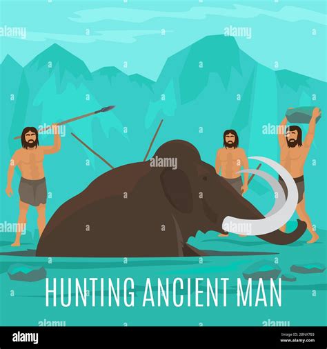 Ancient Prehistoric Stone Age Concept Mammoth Hunting Vector