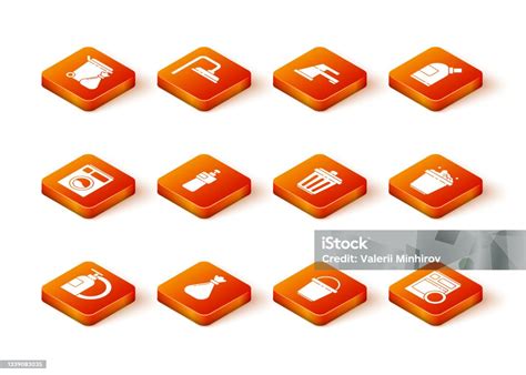 식기 세척액 병 및 접시 쓰레기 봉투 와셔 양동이 쓰레기통 주방 식기 세척기 기계 및 비누 비누 표시아이콘을 설정합니다 벡터 3차원 형태에 대한 스톡 벡터 아트 및 기타