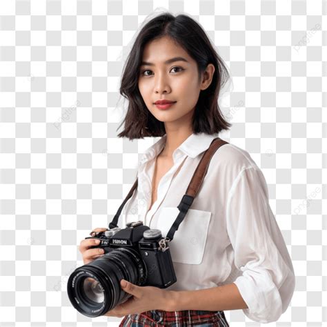 인도네시아 사진작가의 한 여성이 카메라를 들고 있다 인도네시아에서 온 여자 사진 작가 카메라를 들고 있다 Png 일러스트