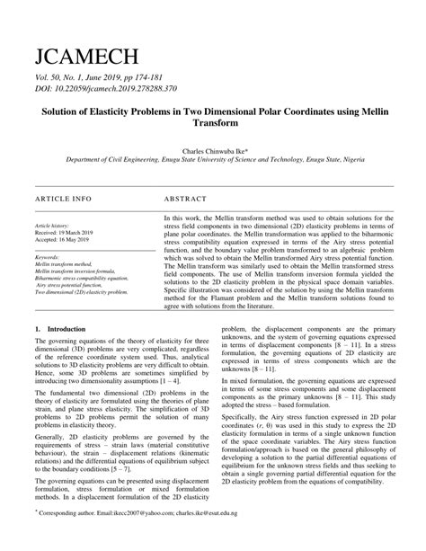 Pdf Solution Of Elasticity Problems In Two Dimensional Polar Coordinates Using Mellin Transform