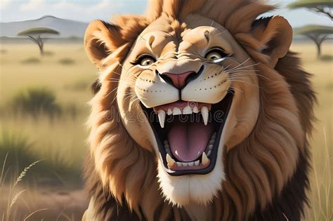 caricature of a very large toothy smiling lion with a wide smile lion