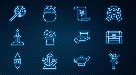 세트 라인 매직 스태프 골동품 보물 상자 고대 마법책 모자 돌에 칼 지팡이 마술사 손과 마녀 가마솥 아이콘 벡터 마술사에 대한 스톡 벡터 아트 및 기타 이미지 Istock