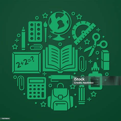 학교 용품 문양 아이콘을 설정 하는 동그라미 템플릿입니다 연구 도구 그린 포스터글로브 계산기 책 연필가 위 통치자 노트북 벡터