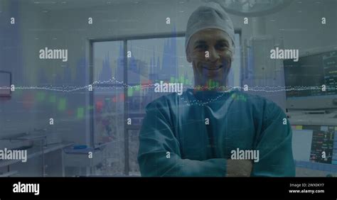 Image Of Statistical Data Processing Over Portrait Of Caucasian Male Surgeon Smiling At Hospital