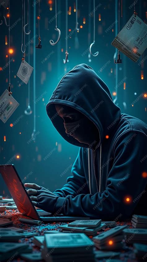 Hacker With Phishing Hooks And Documents Digital Crime Concept Premium Ai Generated Image