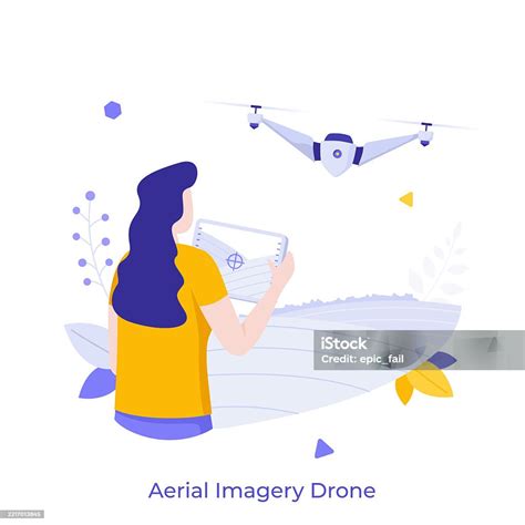 원격 제어를 사용 하 고 Quadrotor를 비행 하는 여자 항공 사진 또는 이미지 드론의 개념 사진을 만들기위한 혁신적인 하이테크 장치 배너 포스터에 대 한 현대 평면