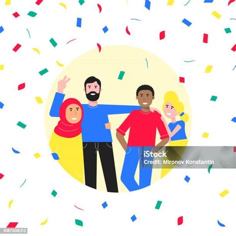 포옹 하는 세계 각국에서 행복 한 친구 행복 한 국제 우정의 날 평면 스타일 디자인 문자 벡터 일러스트 레이 션 흰색 배경에