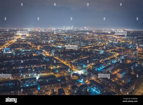 Warsaw By Night Aerial Landscape Of Illuminated Streets And Buildings Stock Photo Alamy