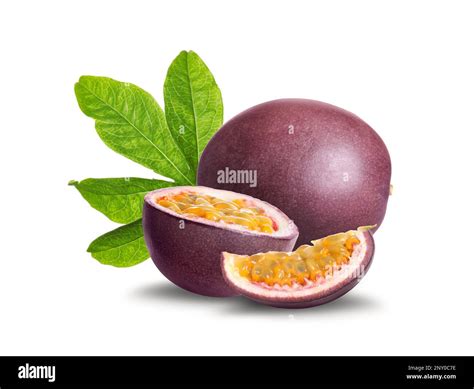 Delicious Ripe Passion Fruits And Green Leaves On White Background