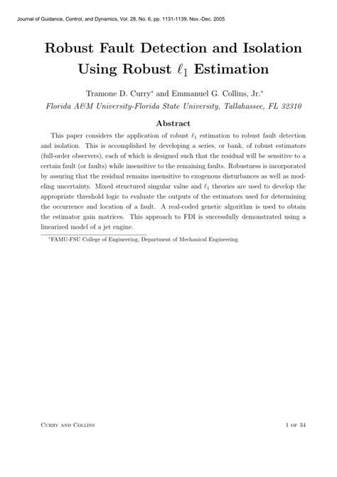 Pdf Robust Fault Detection And Isolation Using Robust Lsub 1 Estimation