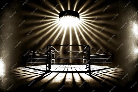스포트라이트 박스 킥복싱 혼합 무술 Mma에 비추어 둥근 빈 케이지 복싱 링 프리미엄 사진