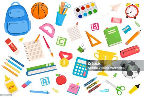 학용품 및 교육 세트 공부를 위한 각종 편평한 부속품 학생 장비 학교로 돌아 가기 흰색 배경에 벡터 일러스트 레이 션 가위에 대한 스톡 벡터 아트 및 기타 이미지 Istock