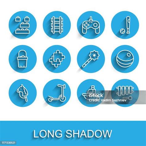 세트 라인 장난감 말 롤러 스쿠터 빌딩 블록 벽돌 보트 실로폰 퍼즐 조각 장난감 비치 볼 및 마술 지팡이 아이콘 벡터 0명에 대한 스톡 벡터 아트 및 기타 이미지 Istock