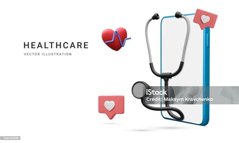 흰색 배경에 격리된 심장과 전화가 있는 3d 현실적인 의료 청진기 온라인 의사 상담 및 의료 개념 벡터 그림 3차원 형태에 대한