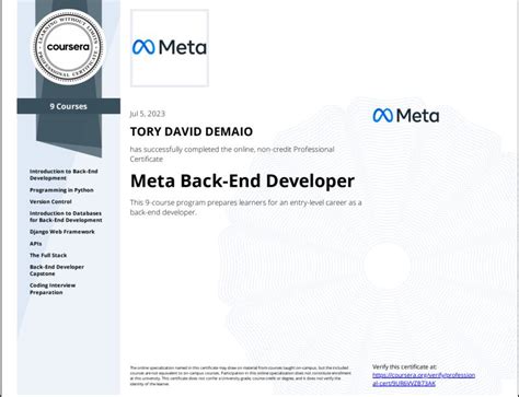 Tory Demaio On Linkedin Meta Coursera Courseracertified Backenddeveloper Backenddevelopment