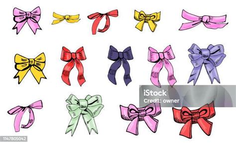 색상 활의 컬렉션입니다 손으로 그린 잉크와 컬러 스케치 흰색 배경에 고립 된 다른 요소 개체 그룹에 대한 스톡 벡터 아트 및 기타 이미지 Istock