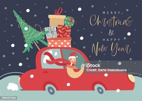 기쁜 성 탄과 새 해 복 많이 인사말 카드 복고풍 자동차와 손으로 글자를 그려 엽서 또는 초대장 템플릿 벡터 일러스트 레이 션 12월에 대한 스톡 벡터 아트 및 기타 이미지