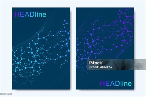 브로셔 커버 배너 전단지 연례 보고서 및 전단지에 대 한 최신 벡터 템플릿입니다 연결 선과 점으로 추상적인 예술 작품 웨이브 흐름 디지털 기술 과학 또는 의료 개념 가리기에