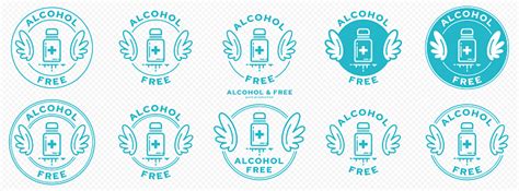 포장 제품을 위한 개념 스탬프 세트입니다 라벨링 알코올 없음 날개와 둥근 스탬프 해방의 상징 자유 유출 성분의 라인병 플랫 아이콘 벡터 그룹화 된 요소입니다 0에 대한 스톡