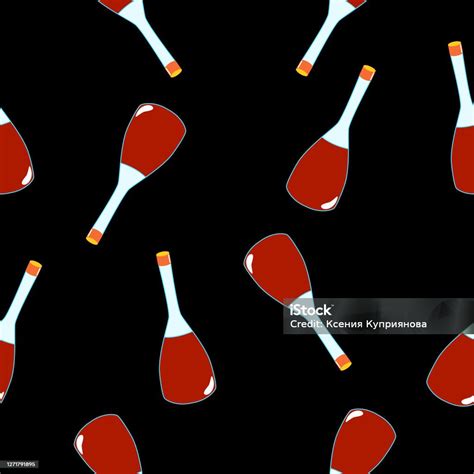 검은 색 배경에 빨간 마법 물약 병과 원활한 패턴 만화 스타일 동화 음료 약국 및 화학 화장품과 스킨 케어 의학 및 건강 관리 포장 설계용 건강관리와 의술에 대한 스톡 벡터