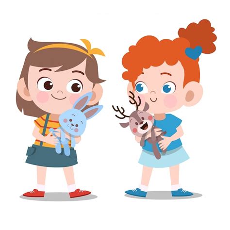 Meninas Das Crianças Brincando Com Bonecas Vetor Premium