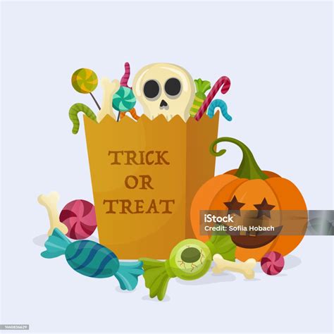 만화 할로윈 촛불 Pampkin 및 텍스트 트릭 또는 치료 과자 섬유 배너 배경 화면 포장에 대 한 귀여운 가방 벡터 디자인 10월에 대한 스톡 벡터 아트 및 기타 이미지