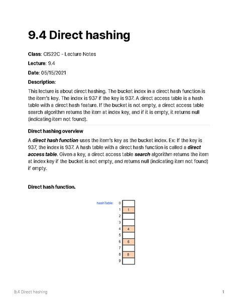 94 Direct Hashing 9 Direct Hashing Class Cis22c Lecture Notes