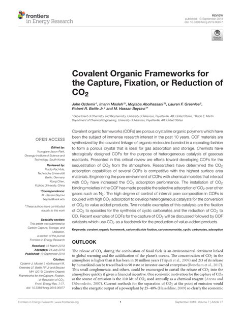 Pdf Covalent Organic Frameworks For The Capture Fixation Or Reduction Of Co2