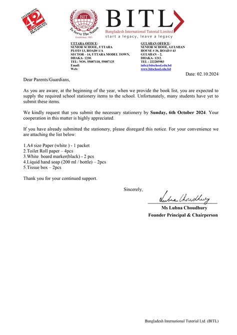 Bitl Bangladesh International Tutorial Limited Submission Of