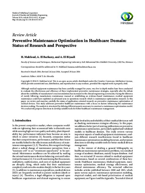 Pdf Preventive Maintenance Optimization In Healthcare Domain Status Of Research And Perspective