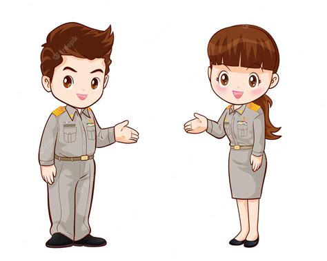 제복을 입은 커플 만화 캐릭터의 태국 공무원 프리미엄 벡터